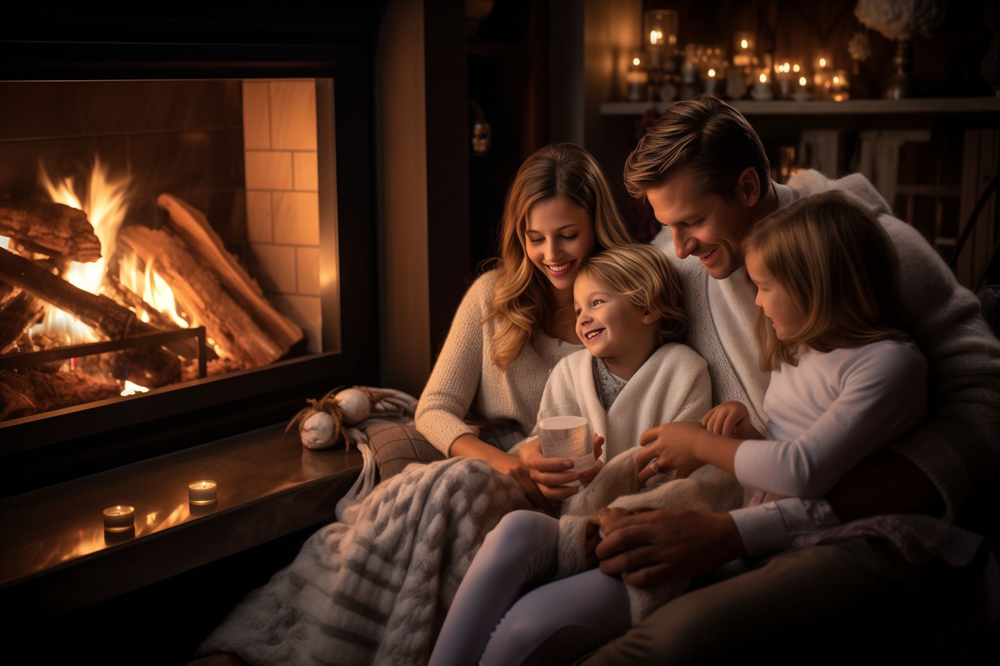 Free image: Cozy family evening by the fireplace: love, warmth, and ...