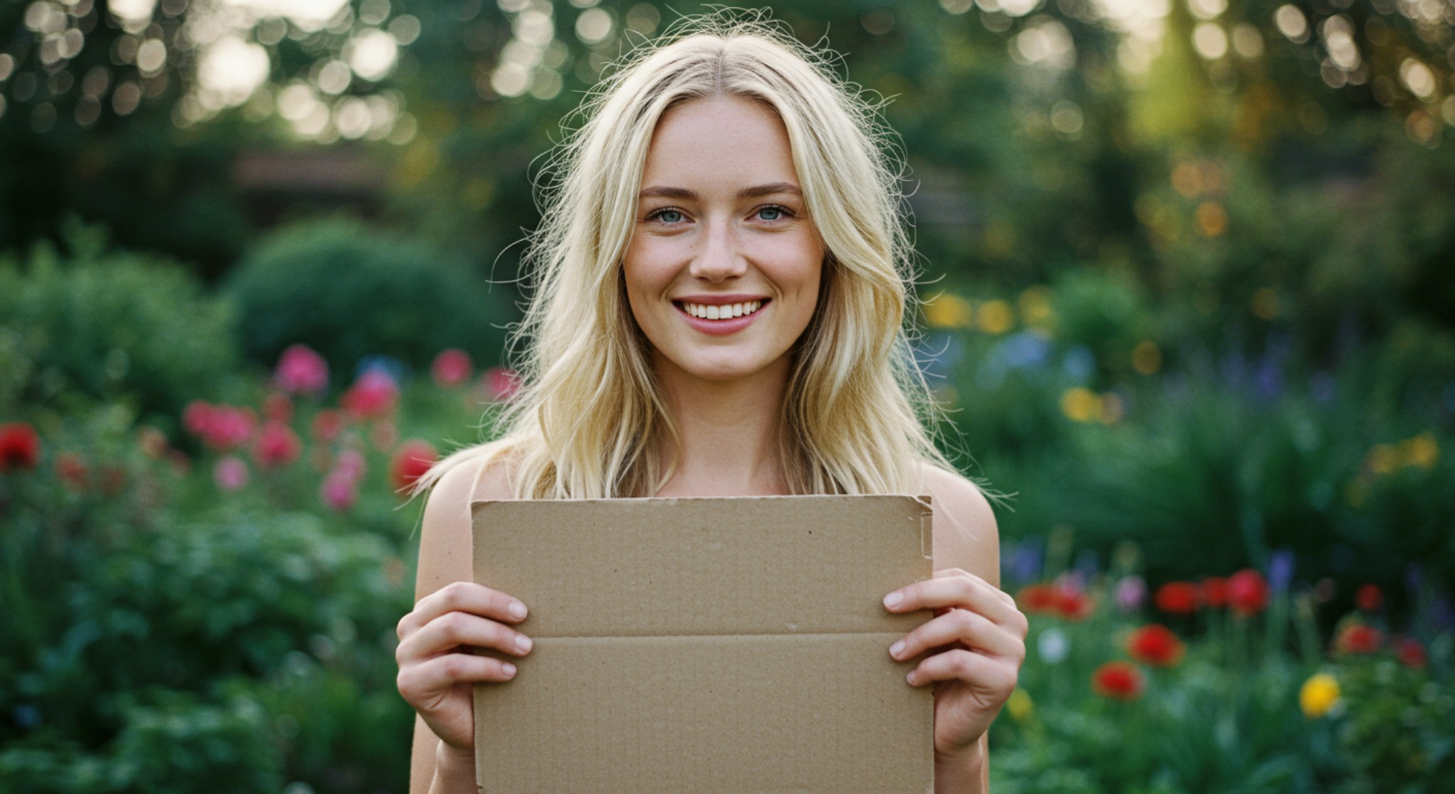 Free image: Smiling young woman holding a cardboard sign in a garden ...