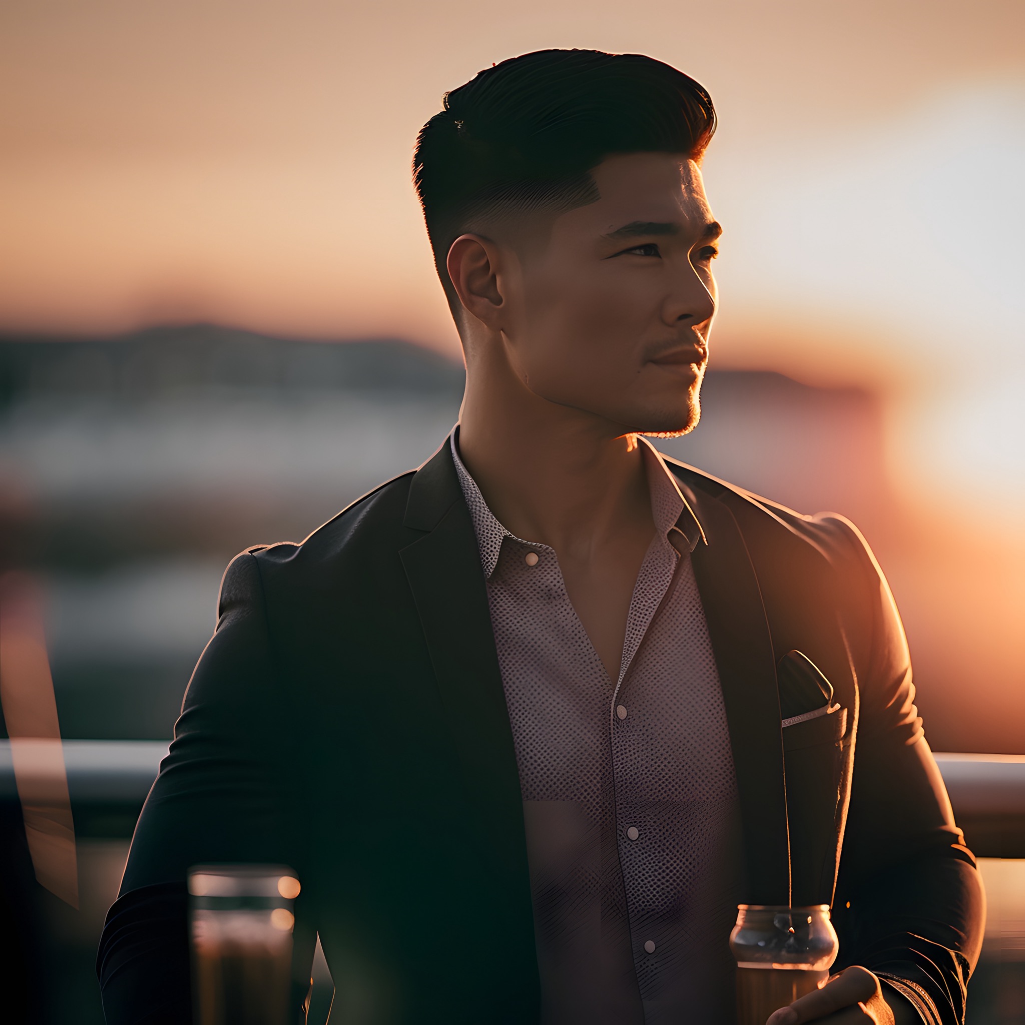 Free image: Asian man admiring city skyline at rooftop bar during ...
